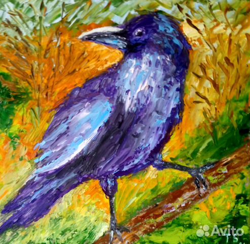 Картина "Фиолетовый ворон", масло, картон 20х20 см